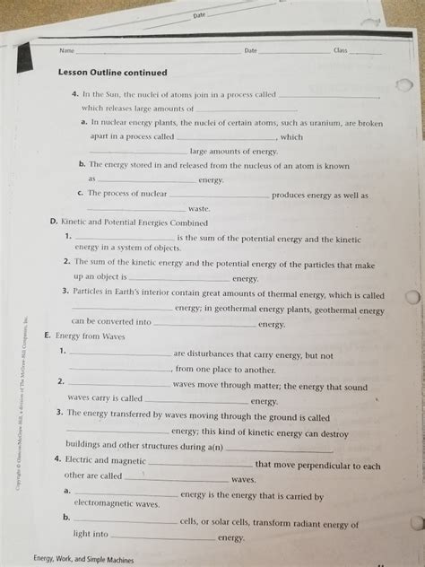 Solved Date Class Lesson Outline Lesson 1 Ypes Of Energy A