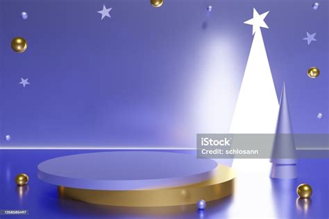 보라색과 네온 흰색 콘 크리스마스 트리와 보라색과 금 연단의 3d 렌더링 크리스마스에 대한 보라색 배경에 구체 2022년에 대한 스톡 사진 및 기타 이미지 Istock