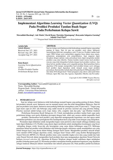 Pdf Implementasi Algoritma Learning Vector Quantization Lvq Pada Prediksi Produksi Tandan