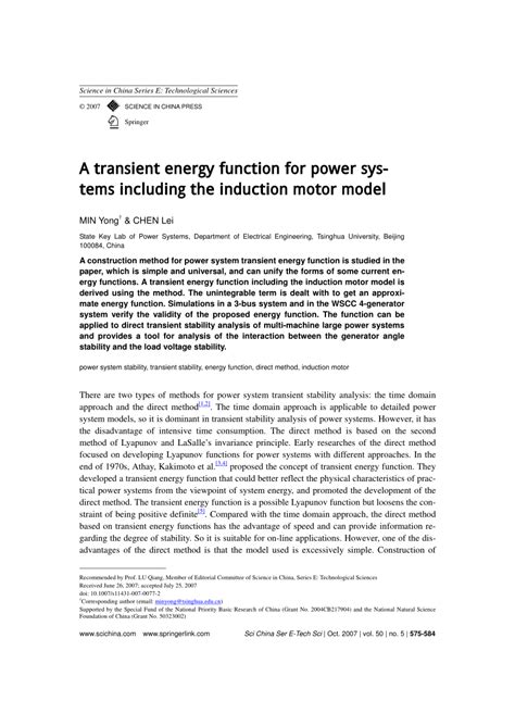 Pdf A Transient Energy Function For Power Systems Including The
