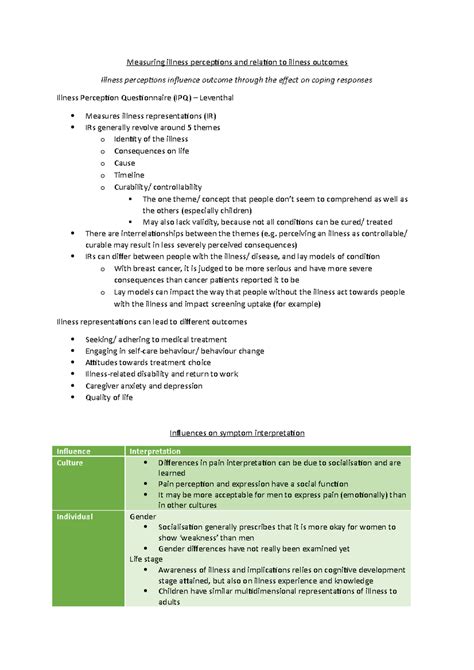Measuring Illness Perceptions And Relation To Illness Outcomes