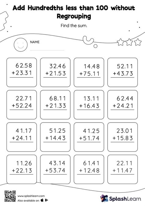 Add Hundredths Less Than 100 Without Regrouping Vertical Addition Worksheet