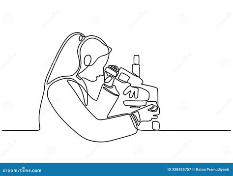 One Line Drawing Of A Scientist Engaged With A Microscope Illustrating