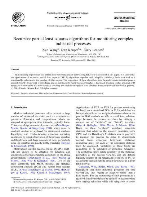 Pdf Recursive Partial Least Squares Algorithms For Monitoring Complex