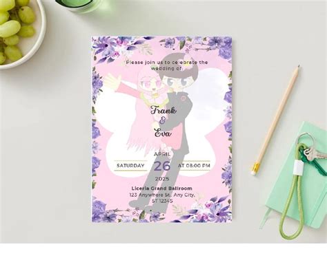 Editable Anime Wedding Invitation Templatecustom Cartoon Couple