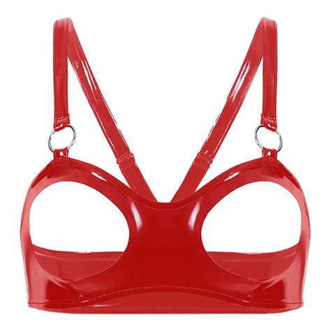 Womens Latex Lingerie Hollow Out Nipples Bra Tops Harness Elastic