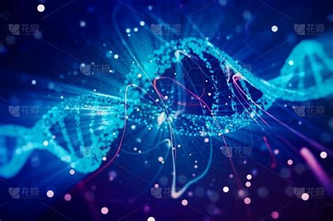 发光的dna符号在抽象的蓝色背景，特写。三维渲染素材 花瓣网
