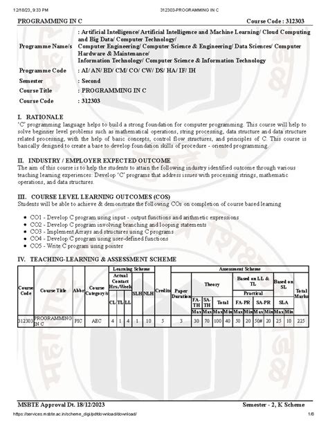 312303 Programming In Programming In C Course Code 312303 Semester
