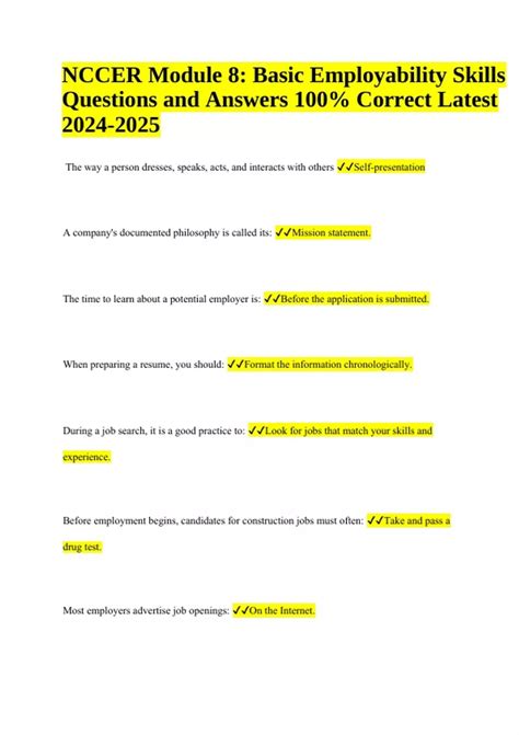 Nccer Module 8 Basic Employability Skills Questions And Answers 100 Correct Latest 2024 2025
