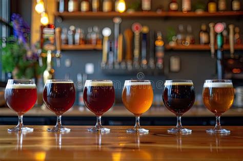 Assorted Beer Glasses On Bar Counter Stock Image Image Of Lager Foam