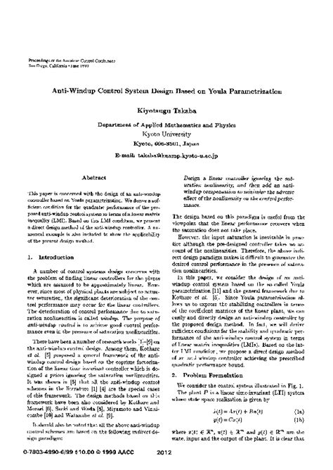 Pdf Anti Windup Control System Design Based On Youla Parametrization