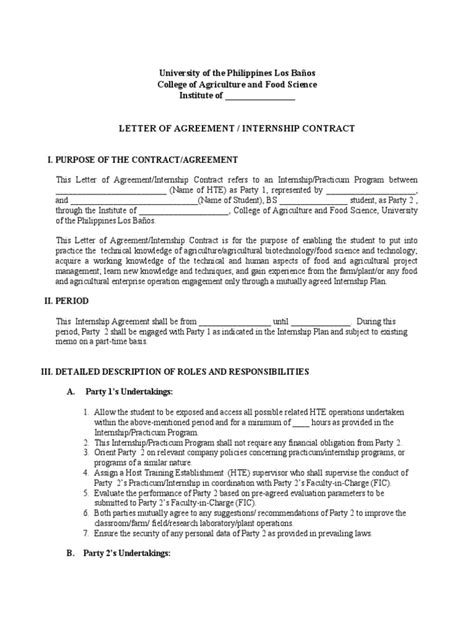 Letter Of Agreement Internship Contract With Internship Plan Pdf