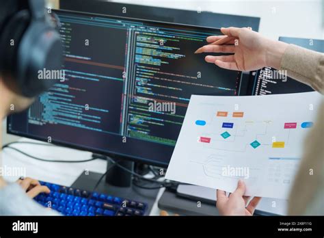 close up developer discussion about app flowchart coding at desk in