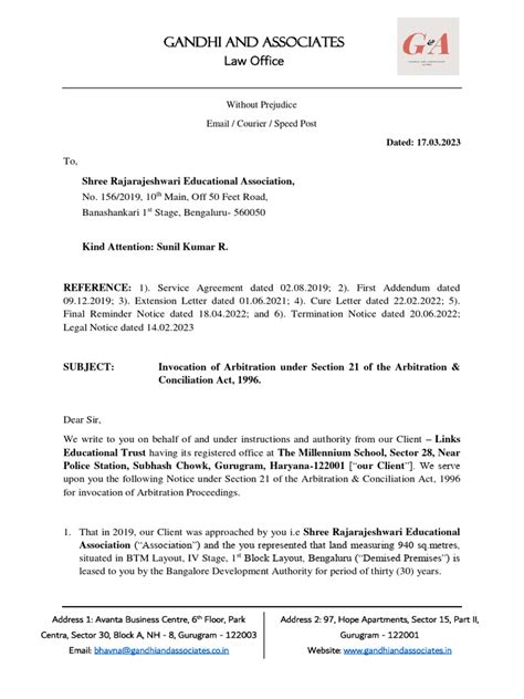 Section 21 Notice For Invocation Of Arbitration Sent To Association
