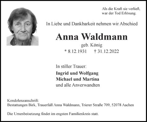 Traueranzeigen Von Anna Waldmann Aachen Gedenkt