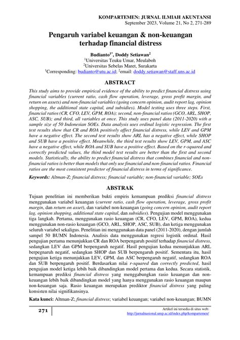 Pdf Pengaruh Variabel Keuangan And Non Keuangan Terhadap Financial Distress
