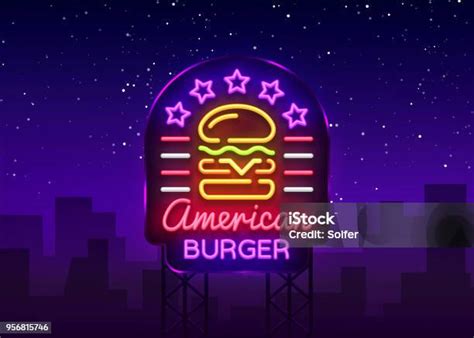 햄버거 로고 벡터입니다 미국 햄버거 디자인 서식 파일 빛 엠 블 렘 햄버거 거리 음식 네온 사인 라이트 배너 네온 밤 패스트