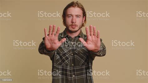 Man Say No Hold Palm Folded Crossed Hands In Stop Gesture Warning Of Finish Prohibited Access