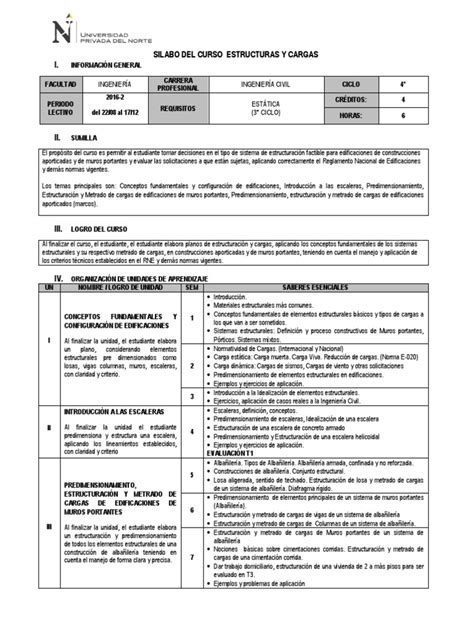 Sílabo De Estructuras Y Cargas 2016 2 Pdf Pdf Fundación Ingeniería