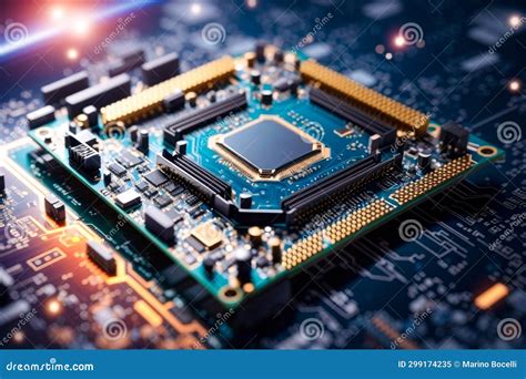 Image Of An Ai Processor Chip And Cpu Circuit Board Luminescent Circuits Surround The