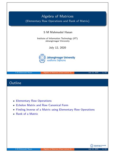 Elementary Row Operations And Rank Of Matrix Handout Pdf Matrix Mathematics Abstract