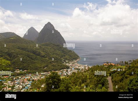 An Aerial View Of The Pitons And The Town Of Soufriere St Lucia The