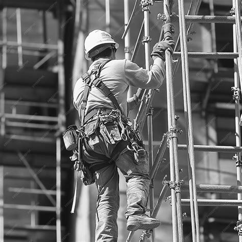 Construction Worker Assembling Scaffolding On Building Exterior
