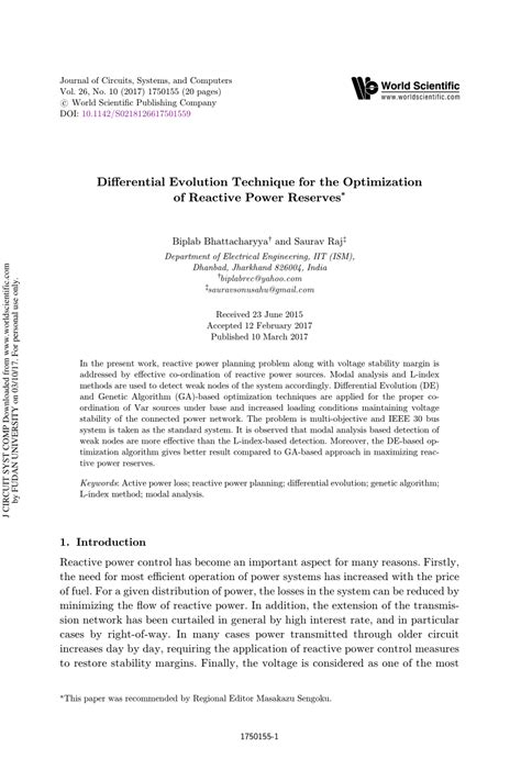 Pdf Differential Evolution Technique For The Optimization Of Reactive Power Reserves