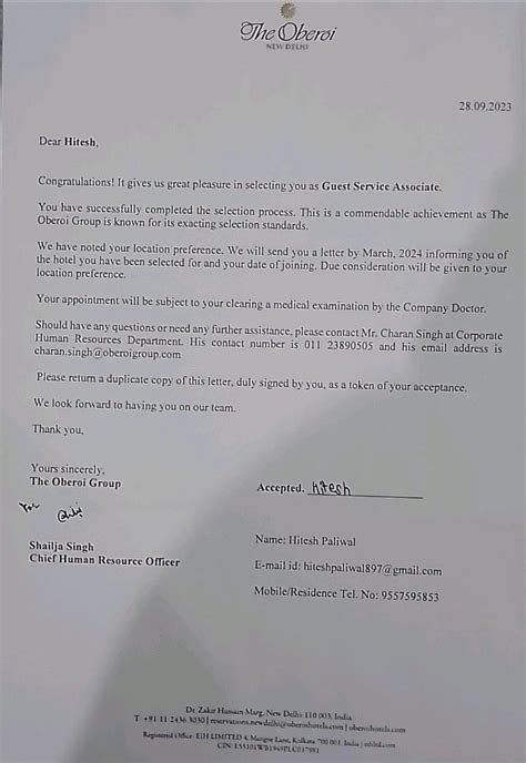 Hitesh Paliwal On Linkedin One More Achievement Oberoi Hotels And Resorts Offerletter Monaliza