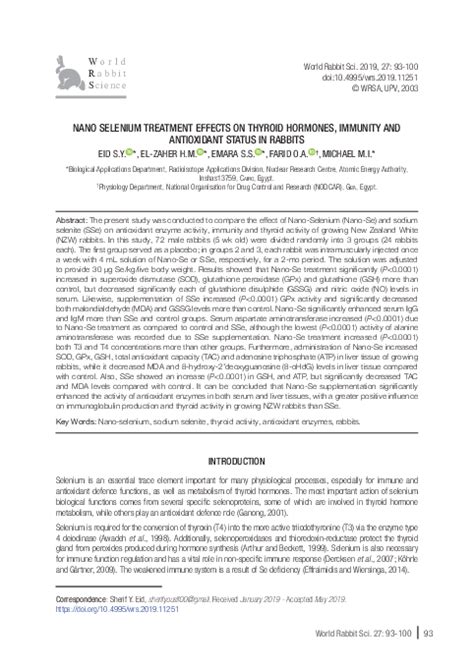 Pdf Nano Selenium Treatment Effects On Thyroid Hormones Immunity And