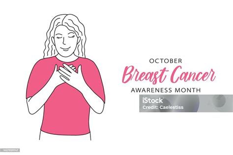 유방암 인식의 달 10 월 배너ñ가슴에 손을 얹고 눈을 감고 감사하는 몸짓을 가진 행복한 자신감있는 여성 벡터 손으로 그린 스타일 여성 암 종양학 생존자 캐릭터의 간단한