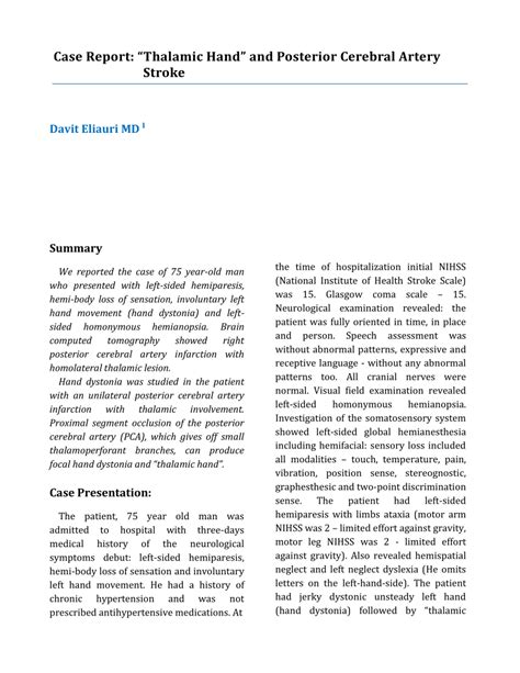 Pdf Case Report Thalamic Hand And Posterior Cerebral Artery Stroke