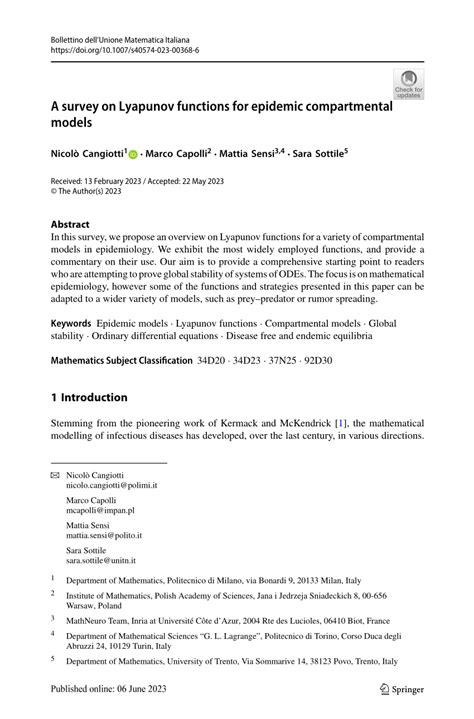 Pdf A Survey On Lyapunov Functions For Epidemic Compartmental Models