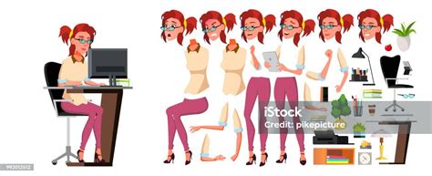 사무실 작업자 벡터입니다 여자입니다 애니메이션 만들기 세트입니다 라이프 스타일 생성기입니다 전문 책임자 기입니다 전면 측면 후면 모습 사업 여성입니다 여자 얼굴의 감정 고립