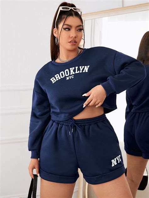 Shein Ezwear Plus Letter Graphic Drop Shoulder Sweatshirt And Drawstring
