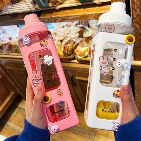 700900ml Cute Water Bottle For Girls With Lid Straw Sticker Plastic