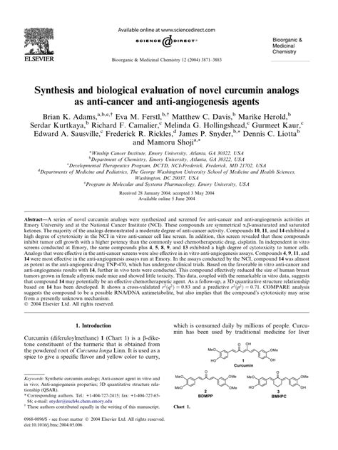 Pdf Synthesis And Biological Evaluation Of Novel Curcumin Analogs As