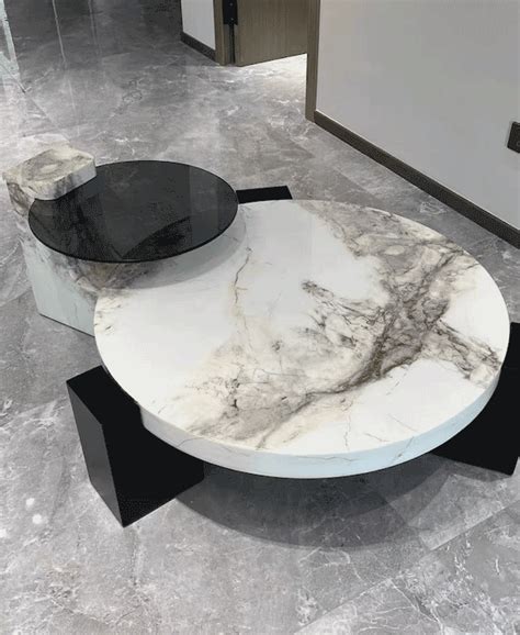 Elegant Round Marble Veneer Coffee Table With Wood Legs Base