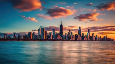 Stunning Sunset Over Chicago Skyline Viewed Across Lake Michigan Stock