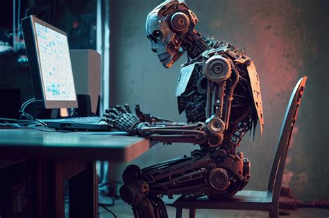 Premium Photo Ai Chatbot Robot Sitting At Desk Typing On Computer