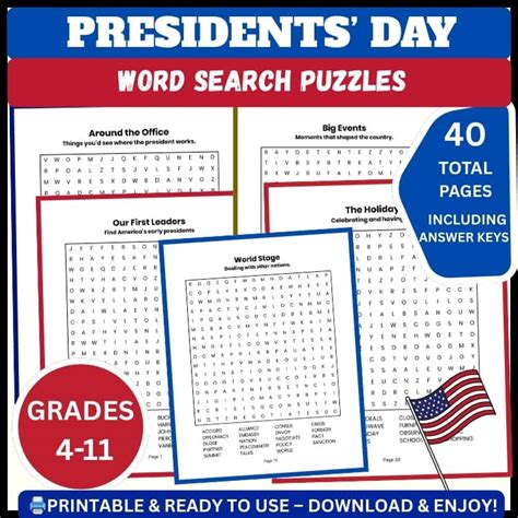 Presidents Day Word Search Puzzle Worksheet Fun Activities Grades 4 11