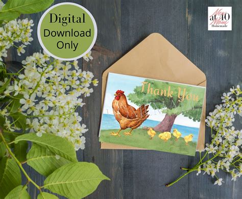 Hen And Chicks Thank You Card Watercolor Farm Art Digital Download