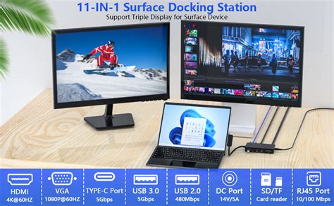 Amazon.com: Microsoft Surface Dock 2, Surface Triple Display Dock with 4K@60Hz HDMI+VGA, 11 in 1 ...