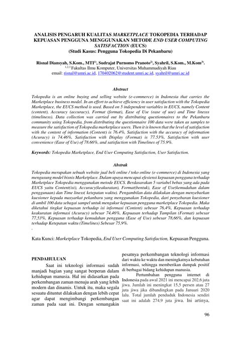 Pdf Analisis Pengaruh Kualitas Marketplace Tokopedia Terhadap Kepuasan Pengguna Menggunakan