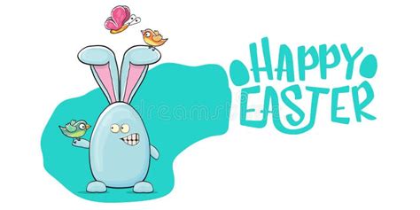 Happy Easter Greeting Card With Funny Cartoon Smiling Blue Bunny Isolated On White Easter Hand