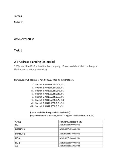 Assignment 2 James S Assignment 2 Task 1 2 Address Planning 25 Marks