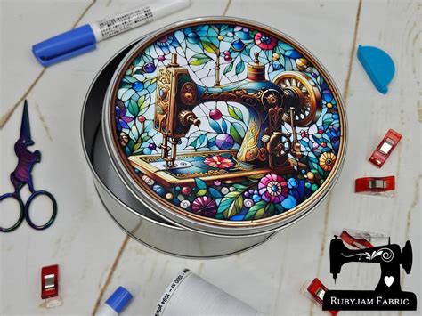 Stained Glass Sewing Machine Sew Sewing Theme Round Storage Tin