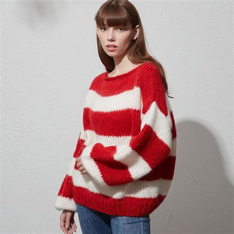 Chunky Hand Knit Stripe Boat Neck Puff Sleeve Red And White Striped Sw