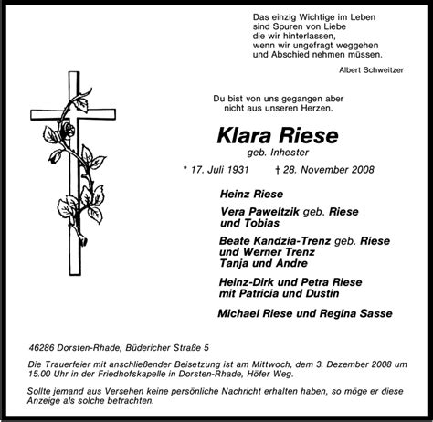 Traueranzeigen Von Klara Riese Trauer In Nrwde