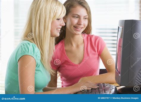 Teenage Girls Using Desktop Computer Stock Image Image Of Friendship